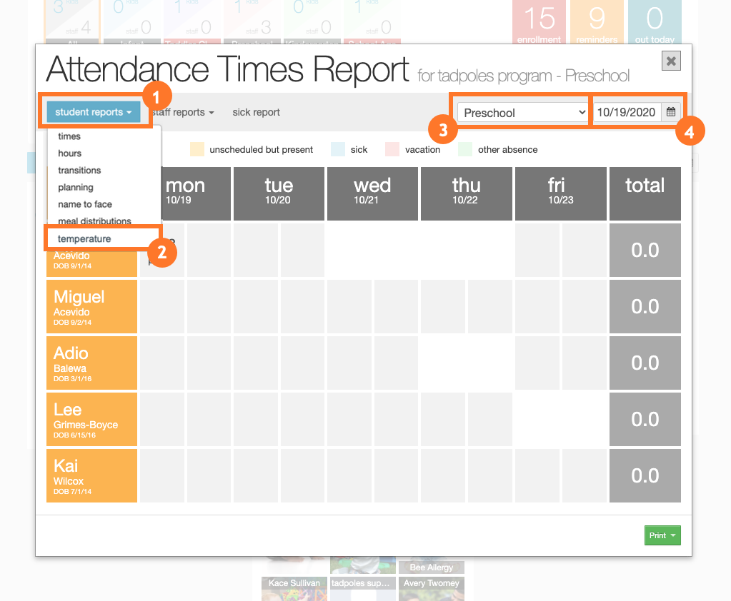 How do I generate the Student Temperature Report in Tadpoles®?