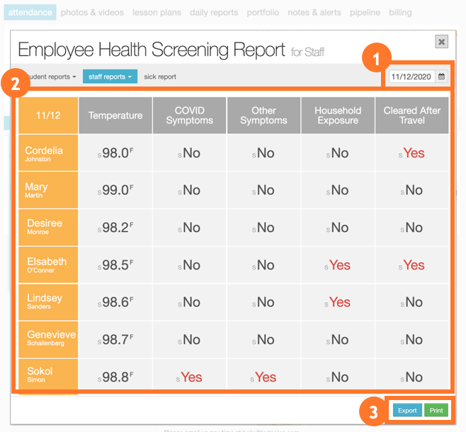 How do I generate the Employee Health Screening Report in Tadpoles®?
