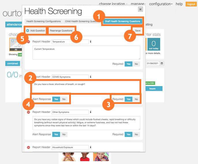 How do I configure the health screening questions and enable negative response alerts in Tadpoles®?