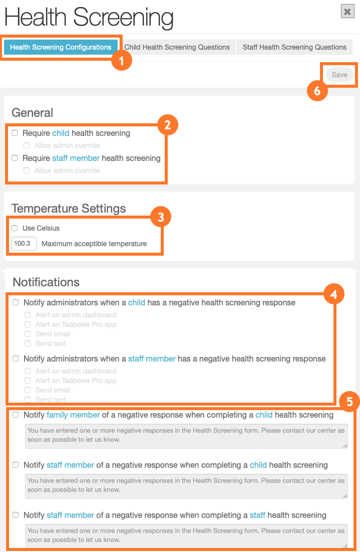 How do I configure the health screening questions and enable negative ...