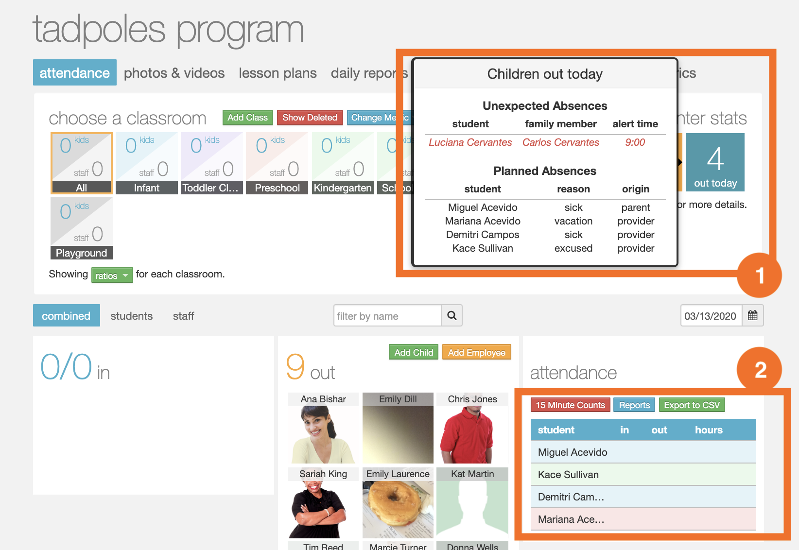 How do I interpret the attendance list in Tadpoles®?