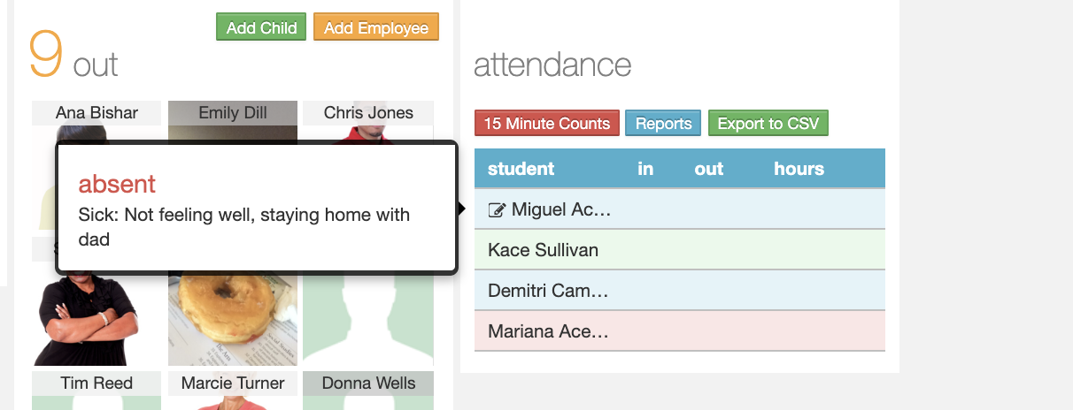 How do I interpret the attendance list in Tadpoles®?
