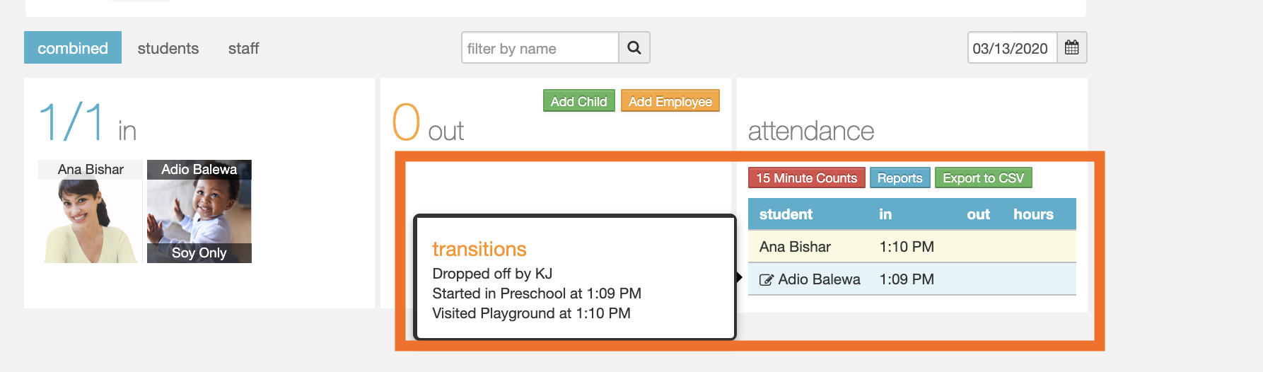 How do I interpret the attendance list in Tadpoles®?