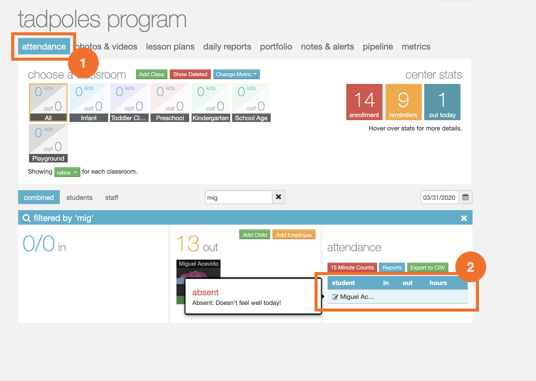 How do I read absent notes as an administrator in Tadpoles®?