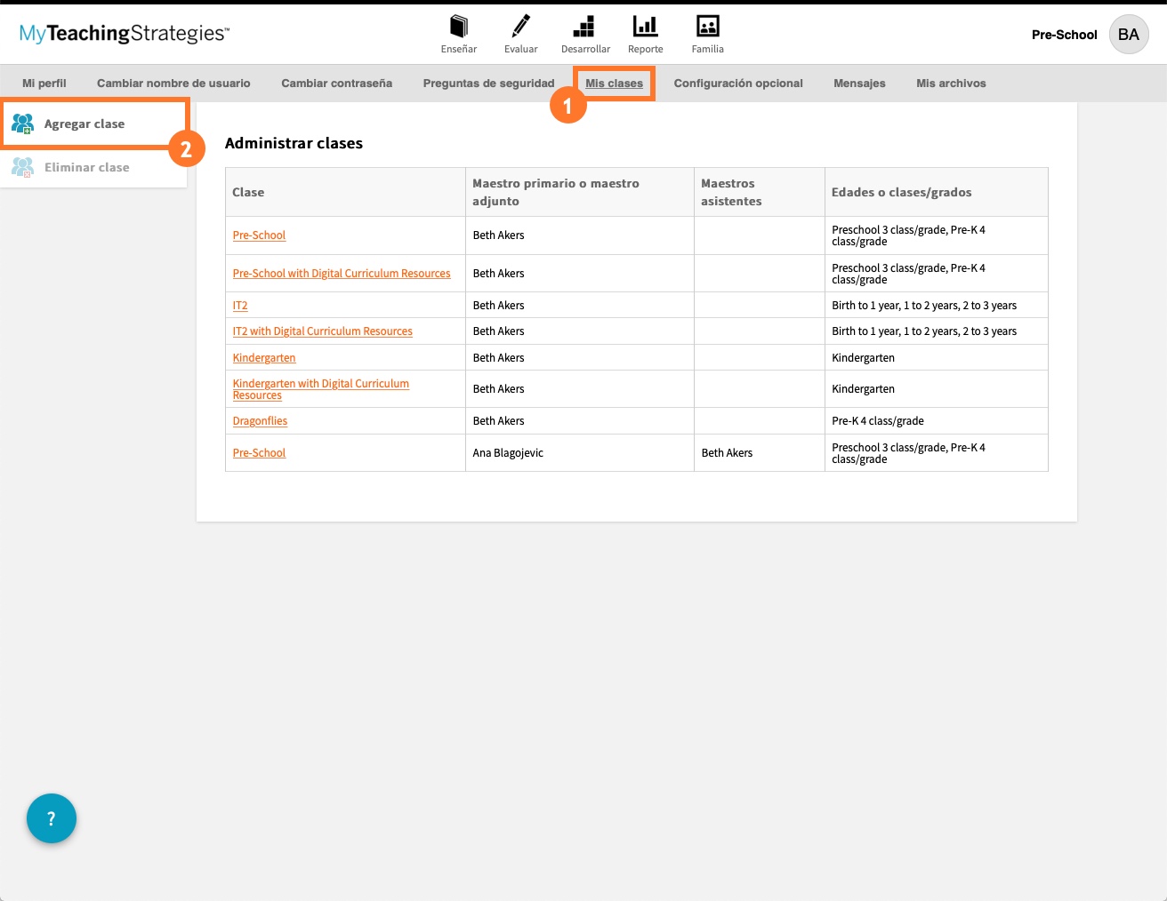 Agregar clases en MyTeachingStrategies - Maestros