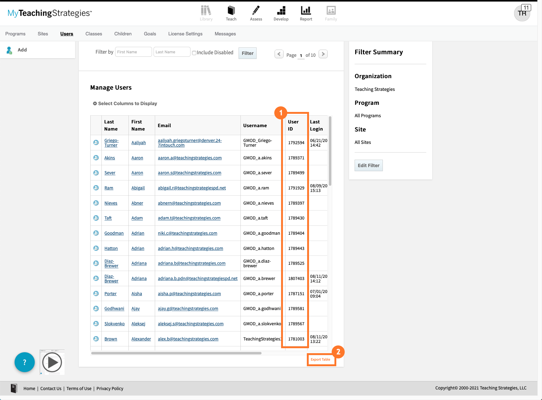 How do I find a user's MyTeachingStrategies user ID?