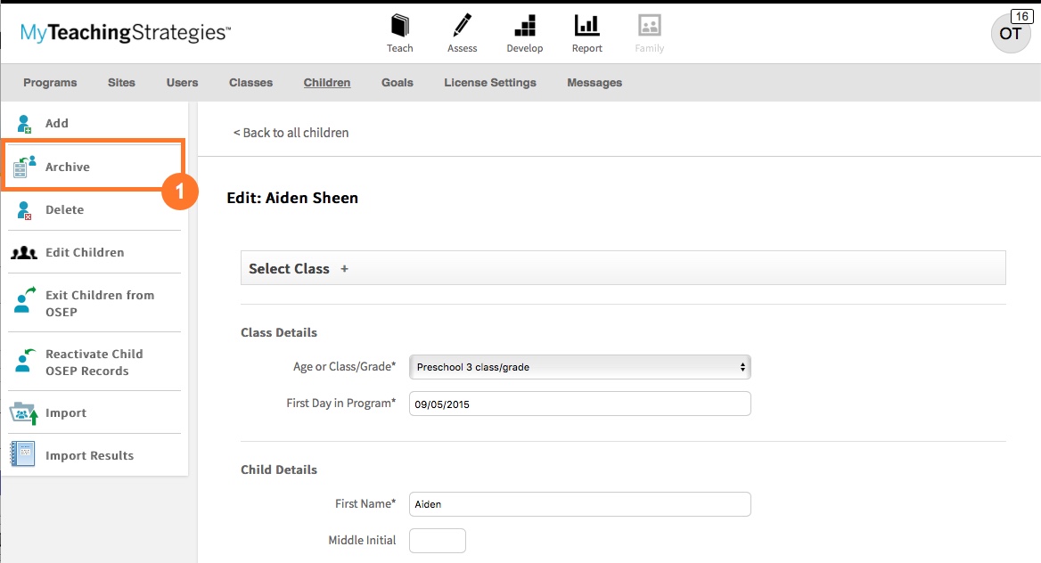 Archiving a Child Record in MyTeachingStrategies