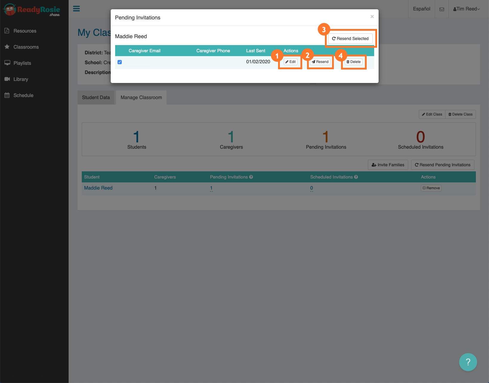 Editing and Resending Pending Invites to Family Members in ReadyRosie