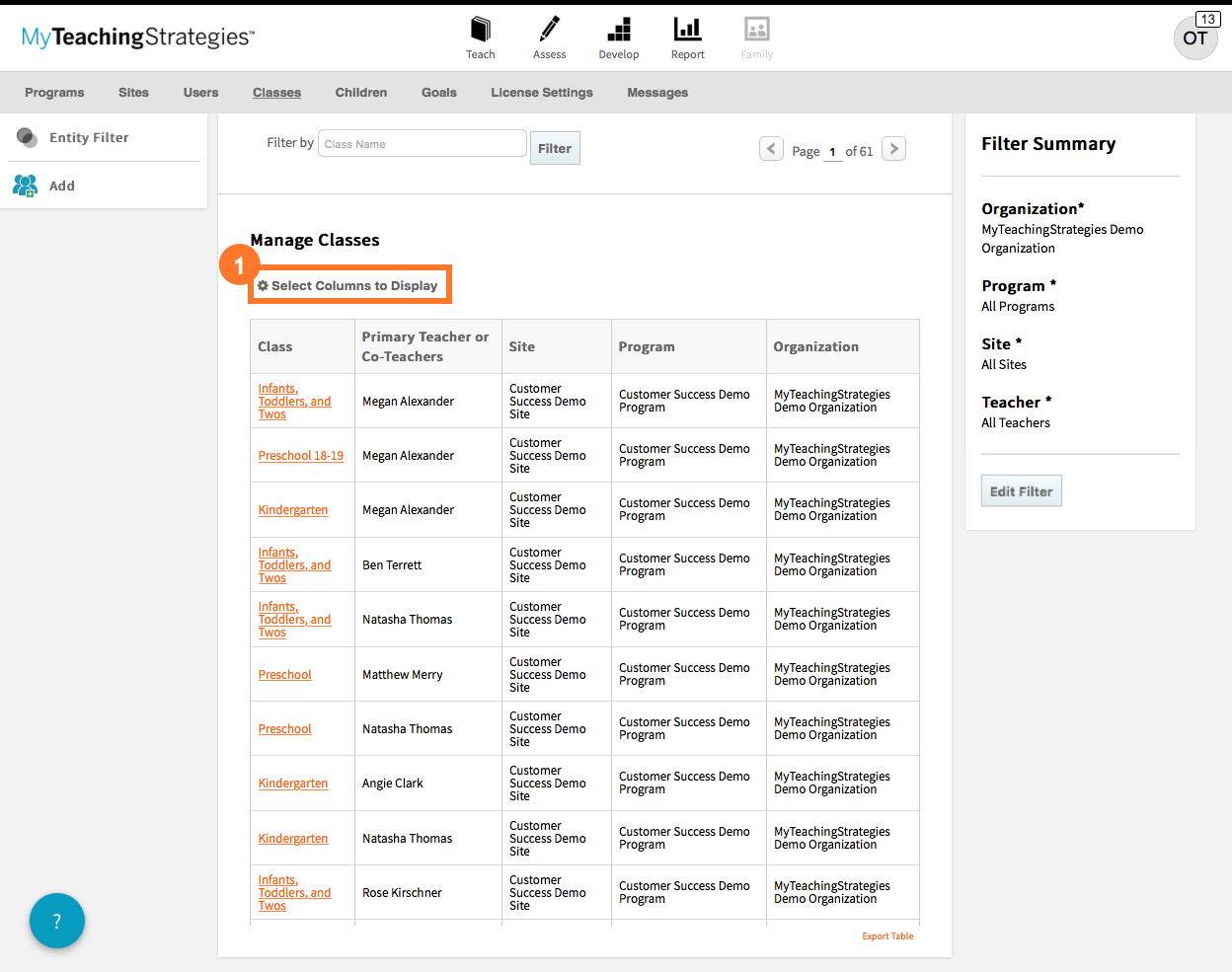 How Do I Customize The Columns That Are Displayed On The Classes Administration Page In