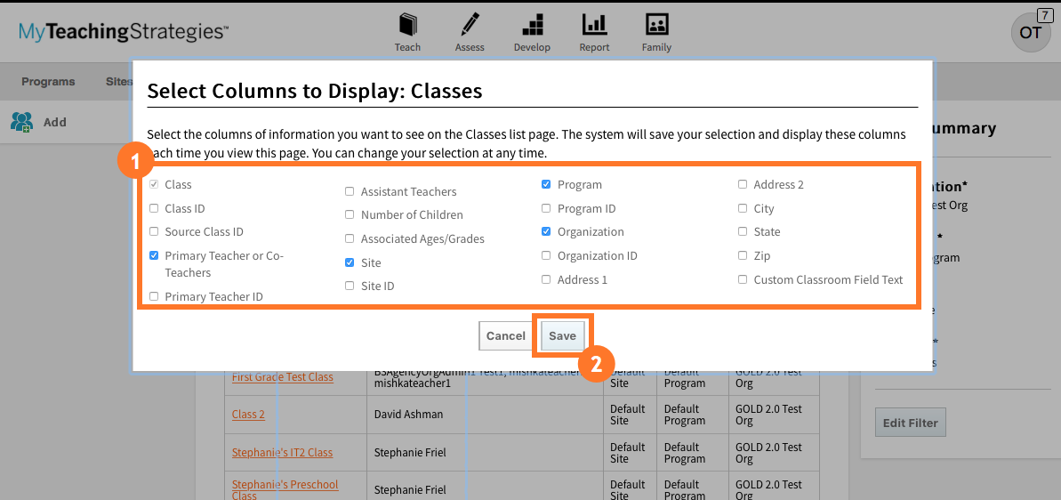 How Do I Customize The Columns That Are Displayed On The Classes Administration Page In