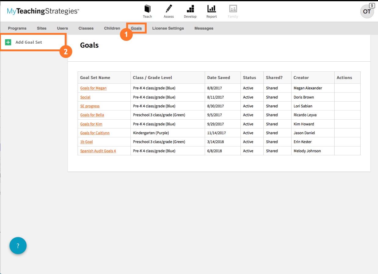 How do I create a goal set for the Goals Report?