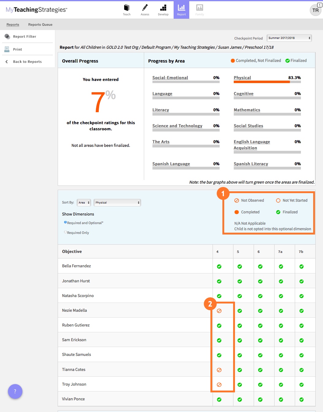 Where can I find if child records have been assessed with Not Observed?