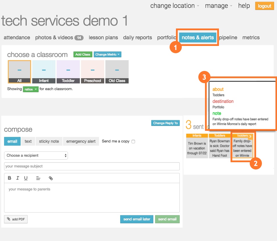 Tracking Notifications, Attendance, and Drop-Off Notes in Tadpoles