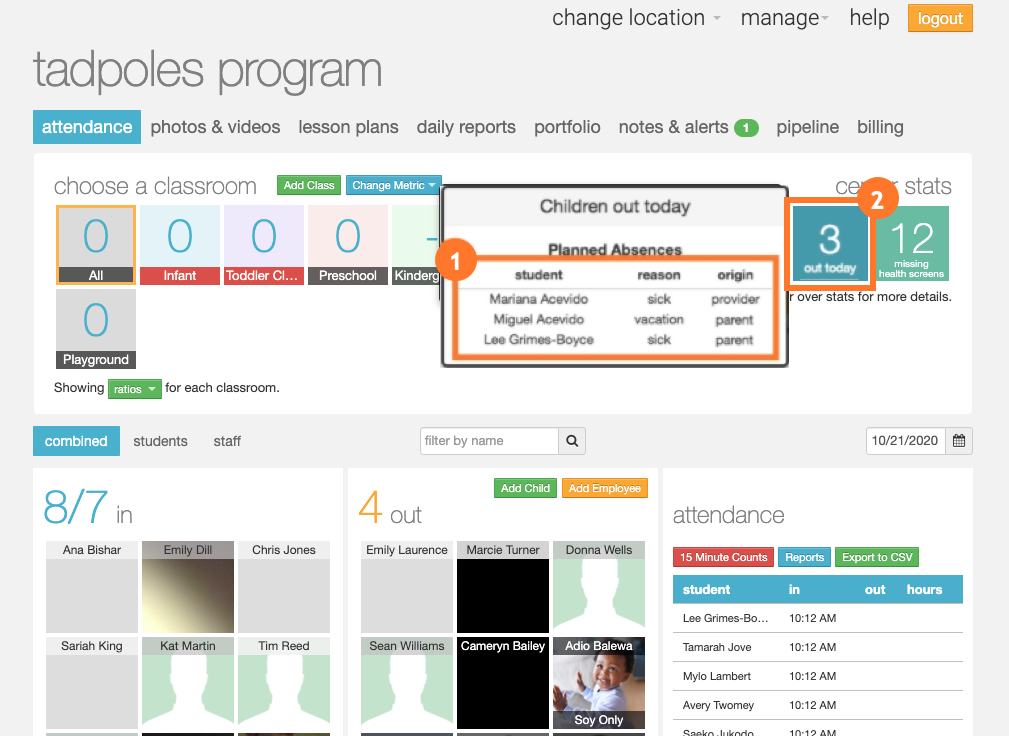 Tracking Notifications, Attendance, and Drop-Off Notes in Tadpoles