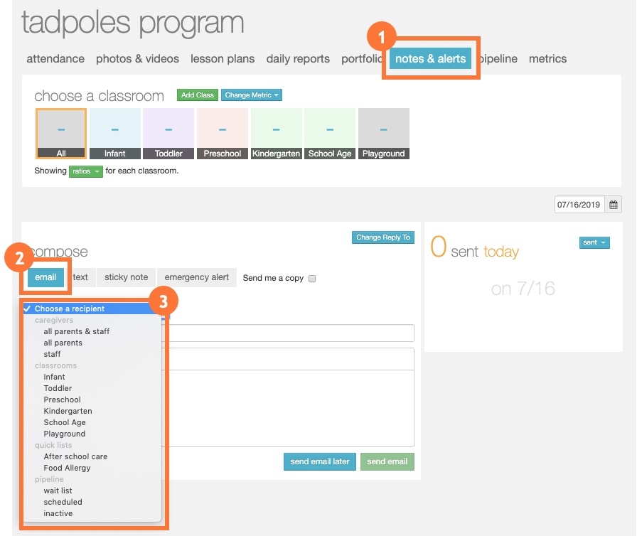 Sending Notes and Alerts to Staff and Families in Tadpoles