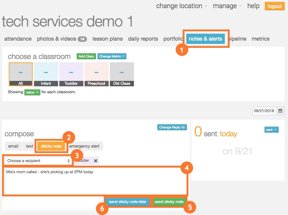 Sending Notes and Alerts to Staff and Families in Tadpoles