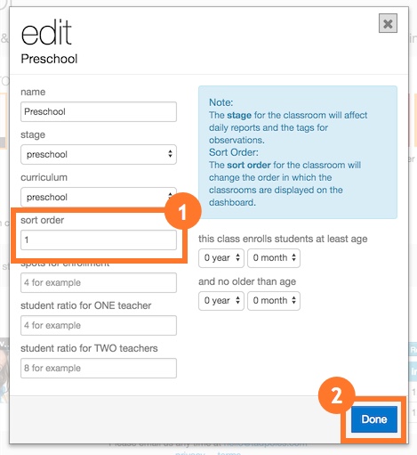How do I change the order of how the classrooms are displayed in Tadpoles?