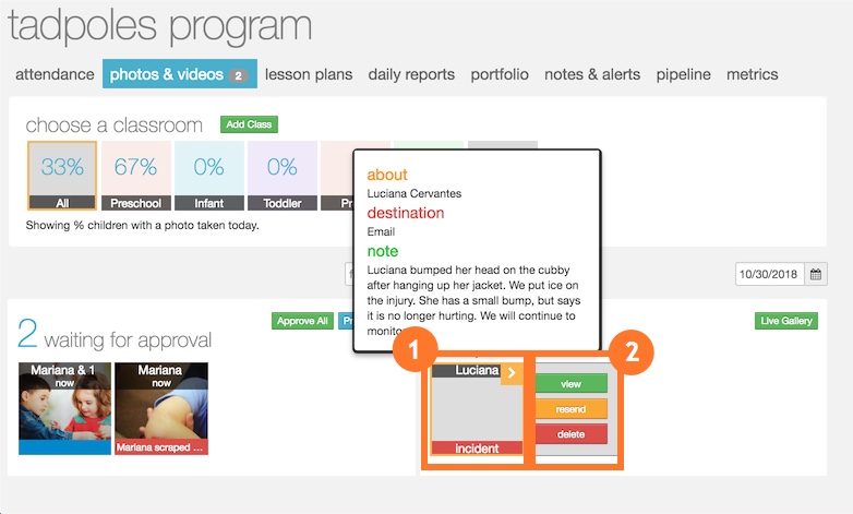 How can I review, edit, approve, or delete incident reports in Tadpoles?