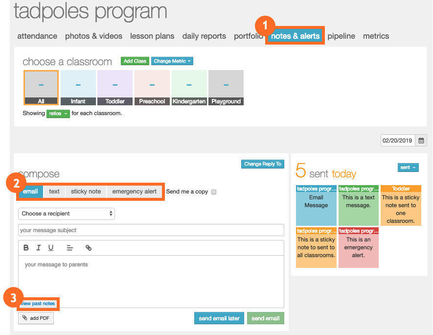 How do I view notes and alerts that I have sent from Tadpoles?