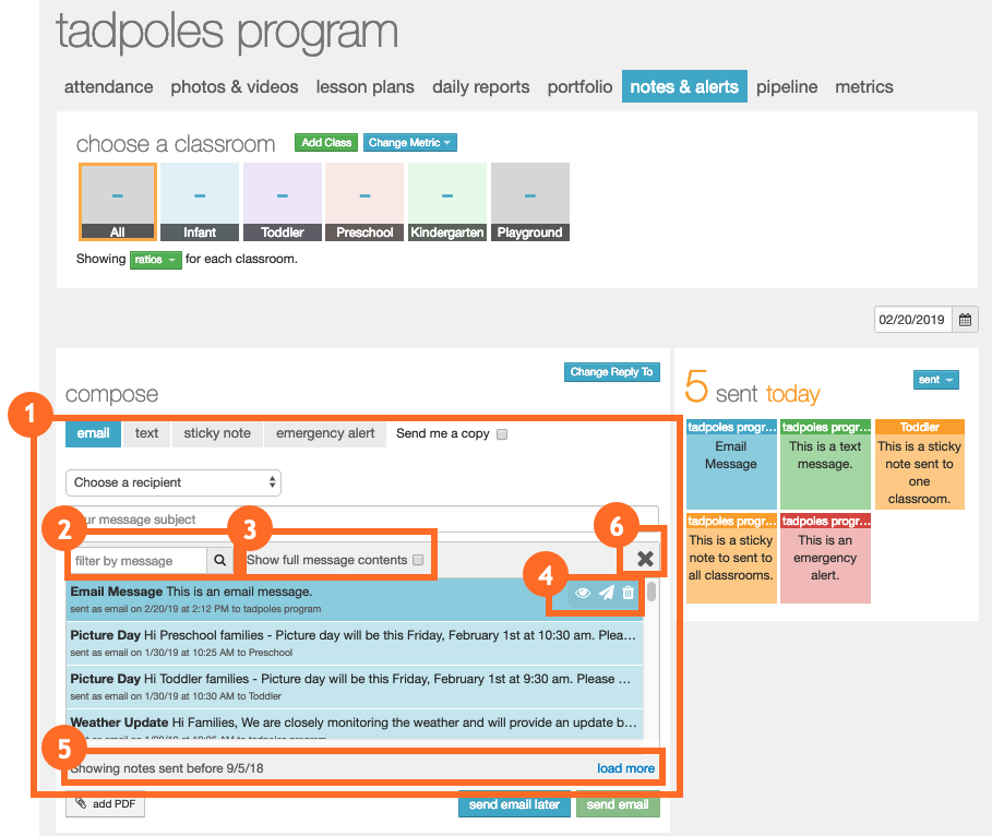 How do I view notes and alerts that I have sent from Tadpoles?