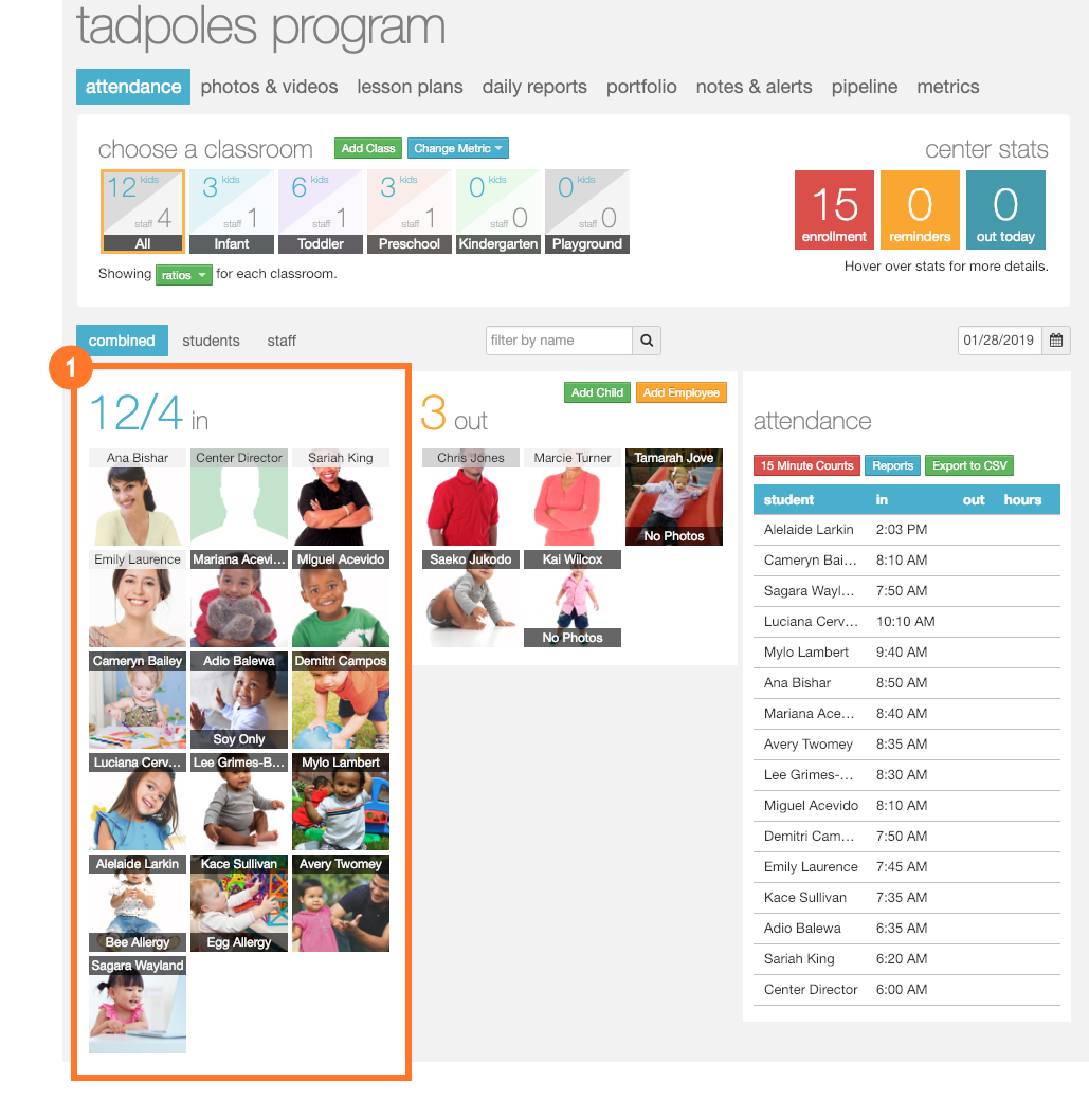 Checking Children In and Out on the Tadpoles Administrator Dashboard