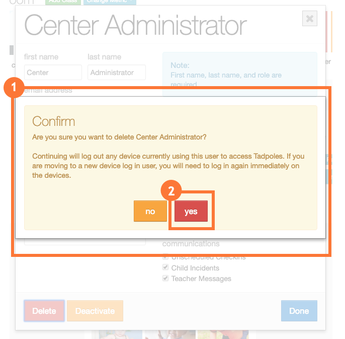 How do I change or remove an administrator's access or login credentials in Tadpoles?