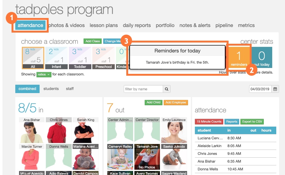 How do I view birthday reminders in Tadpoles?