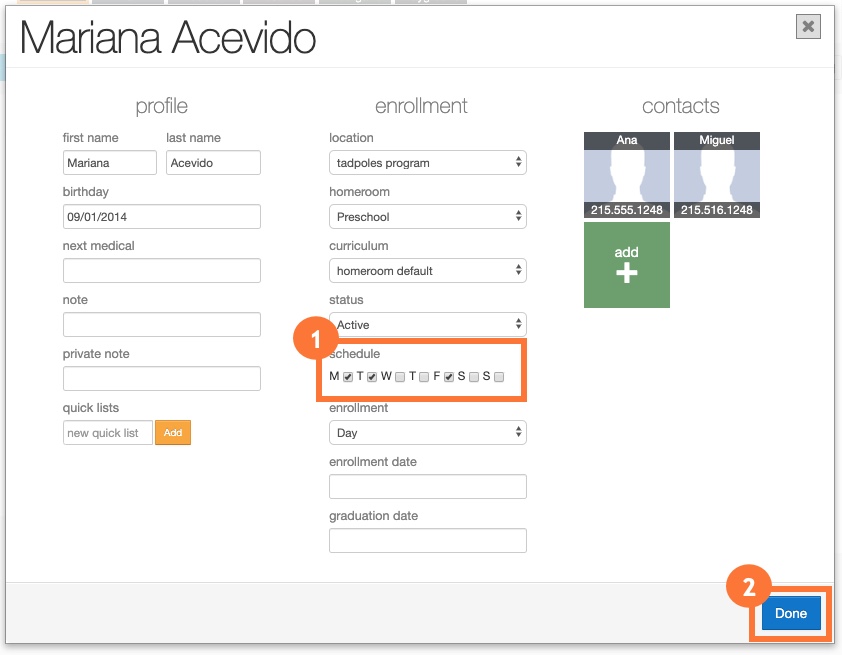 How do I set a schedule for each child in Tadpoles?