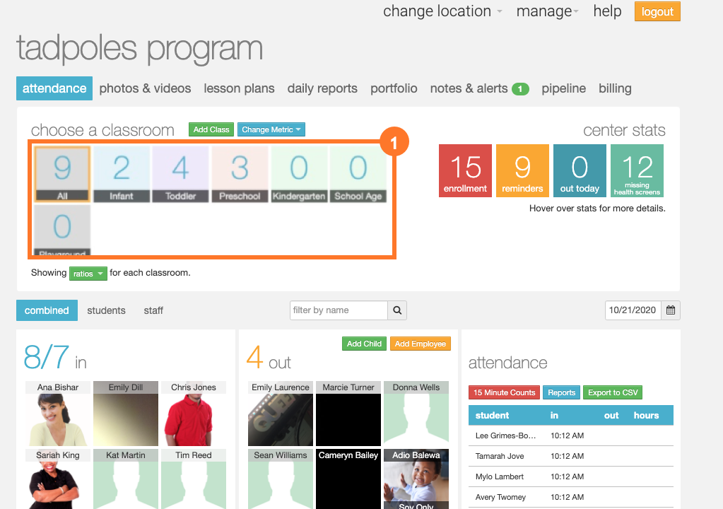 How do I change the classroom metrics I’m viewing on the Attendance ...
