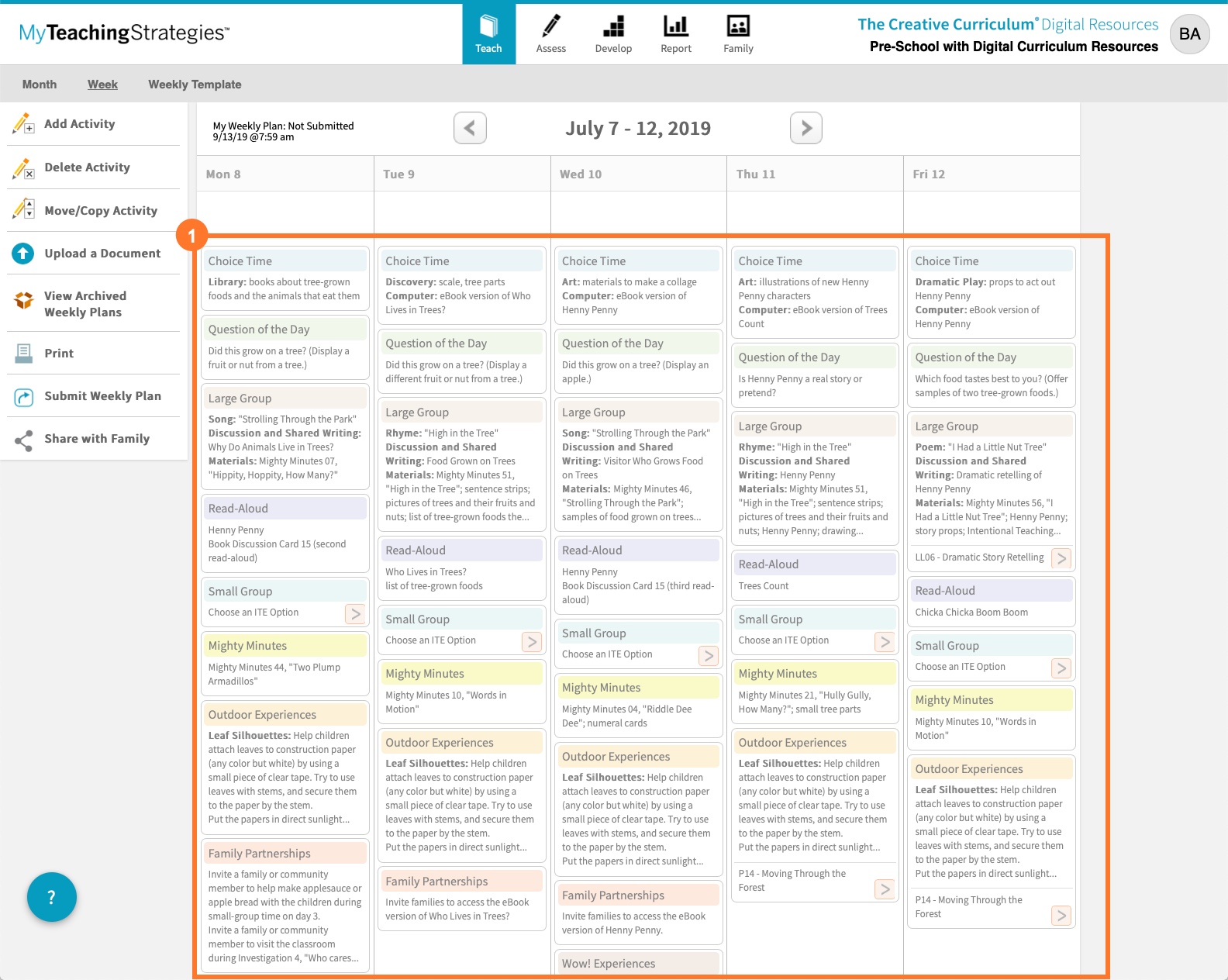 How do I access previous weekly plans?