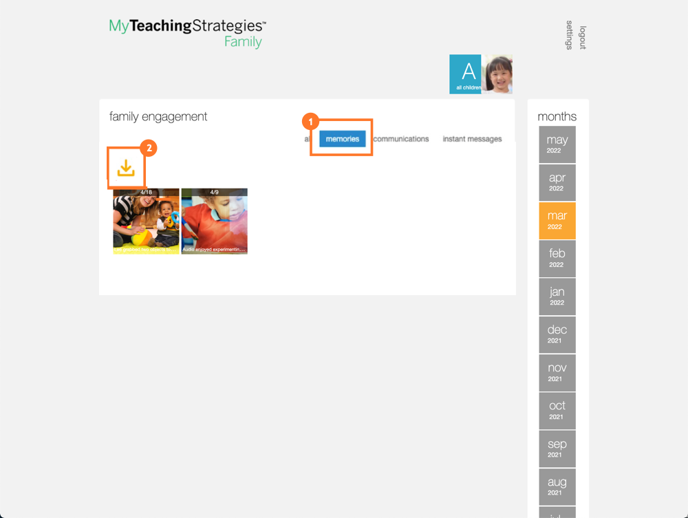 ¿Cómo descargo todas las fotos y videos de mi hijo a la vez desde el sitio web de SmartTeach Family?