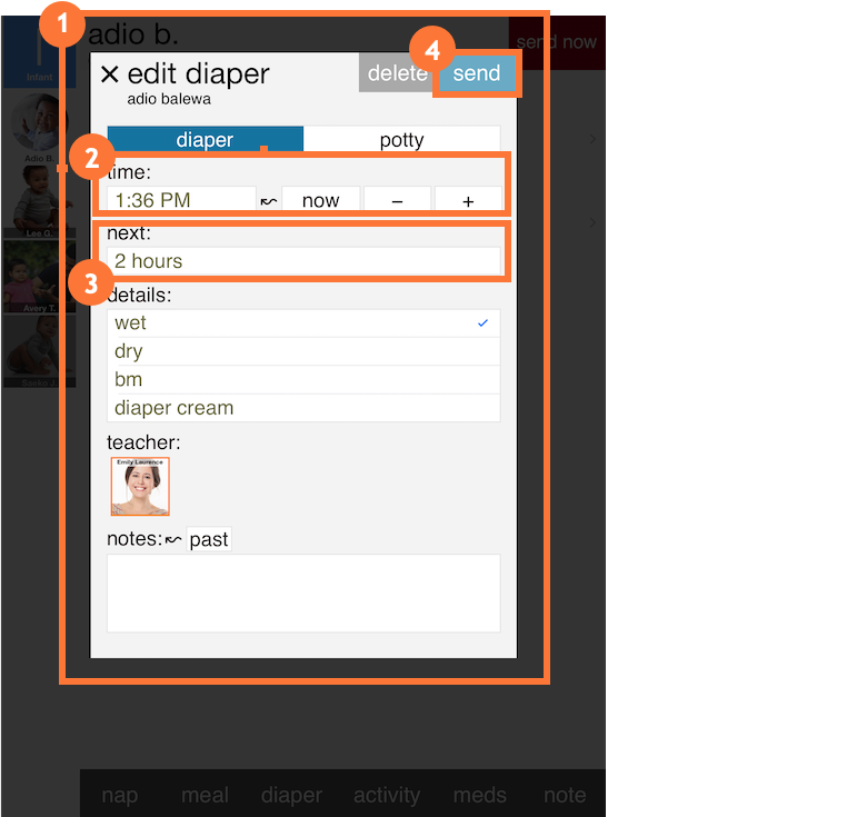 How do I set a reminder for a child's next diaper, meal, or sleep check ...