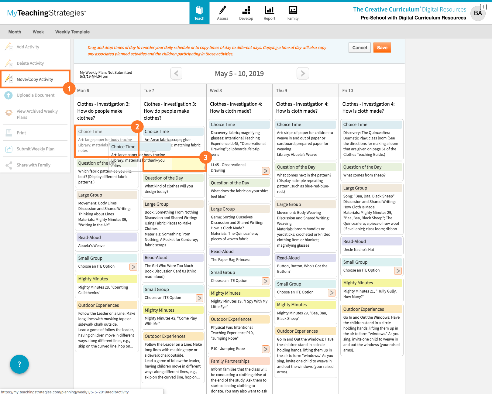 How do I copy an activity from one day to another on my weekly plan?