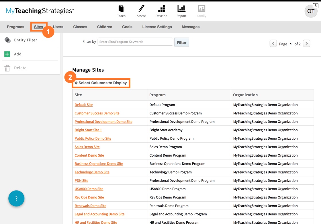 How Do I Customize The Columns That Are Displayed On The Sites Administration Page In Smartteach