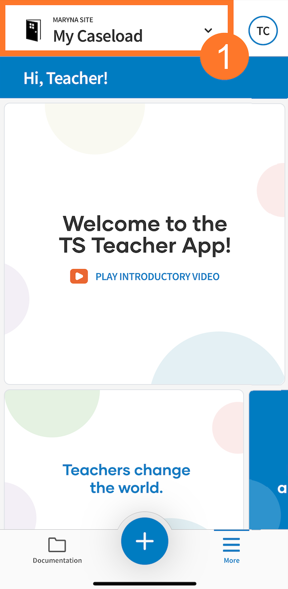 How do I switch sites on the Teaching Strategies Teacher app?