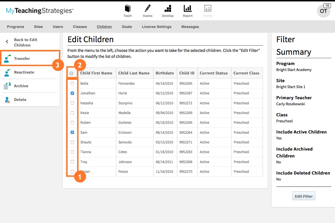 Transferring Multiple Children in SmartTeach®
