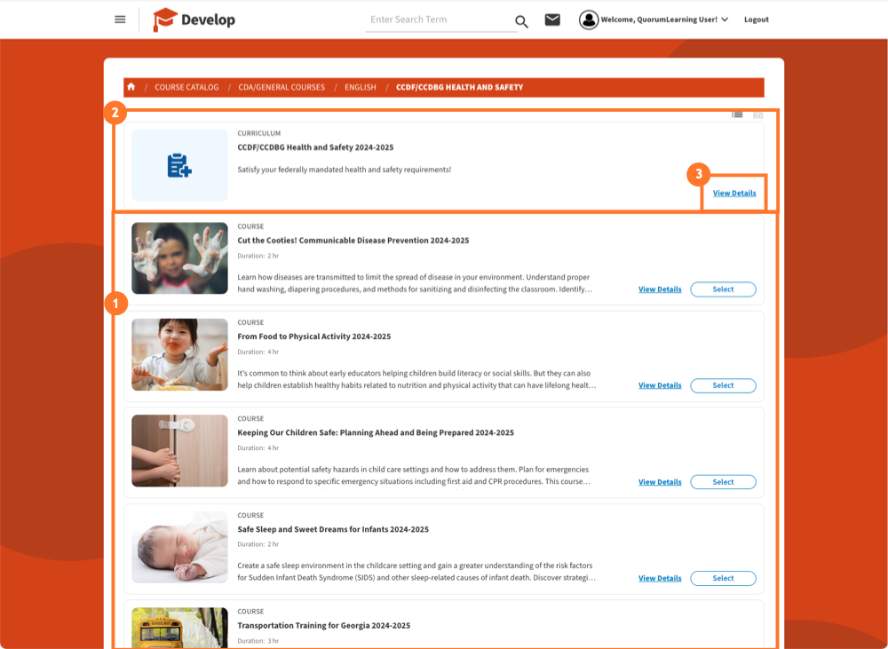 Which courses do I have to take on Quorum for the required CCDF Health ...