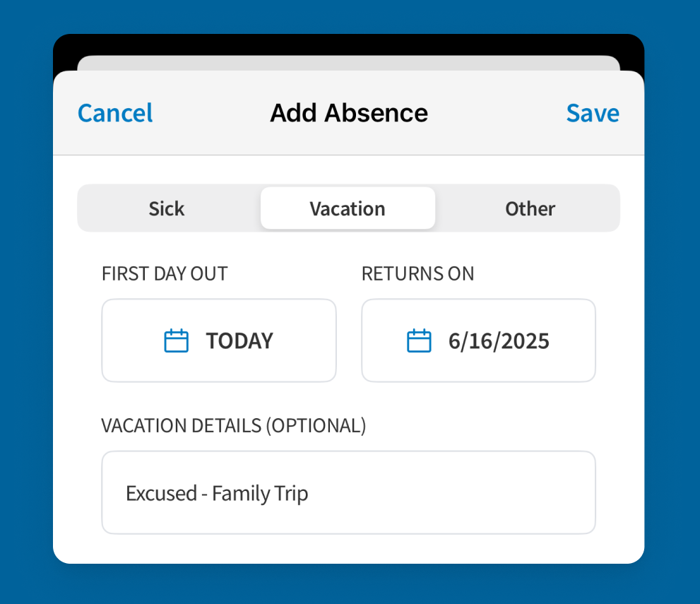 Mark a Child as Absent Using the SmartTeach® App (Sick, Vacation, or Other)